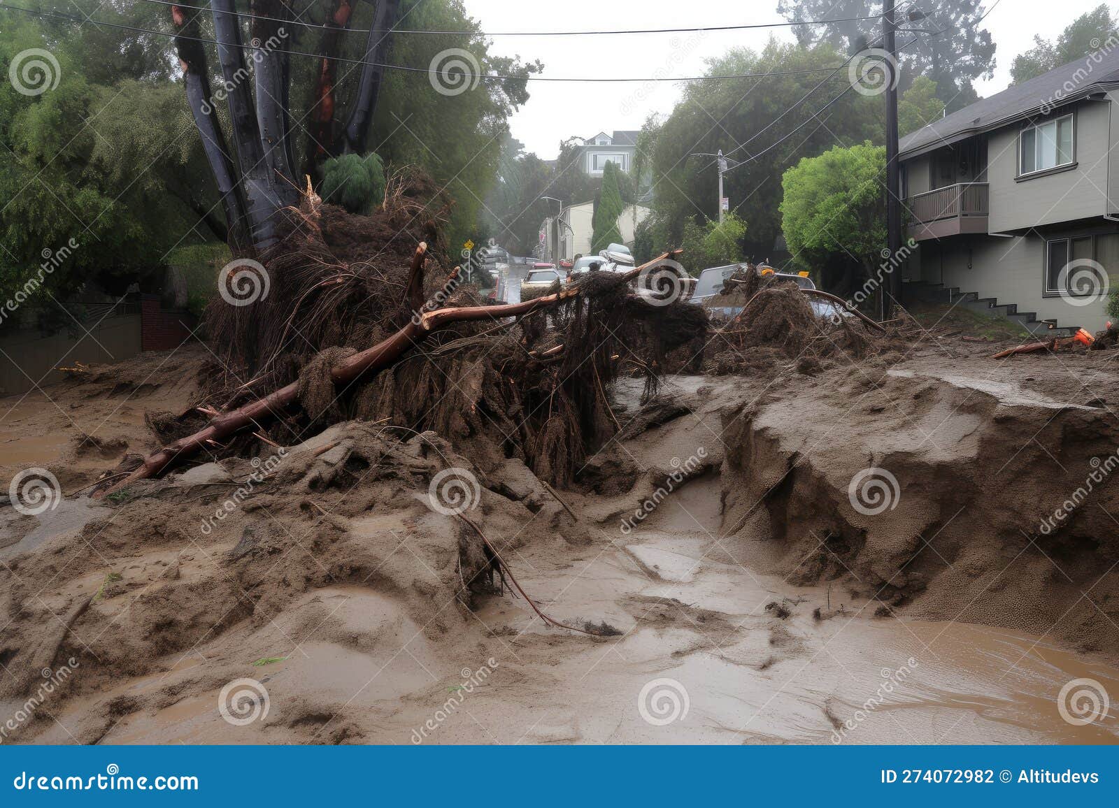 Mudslide Brings Down Tree, Blocking the Road Stock Photo - Image of ...
