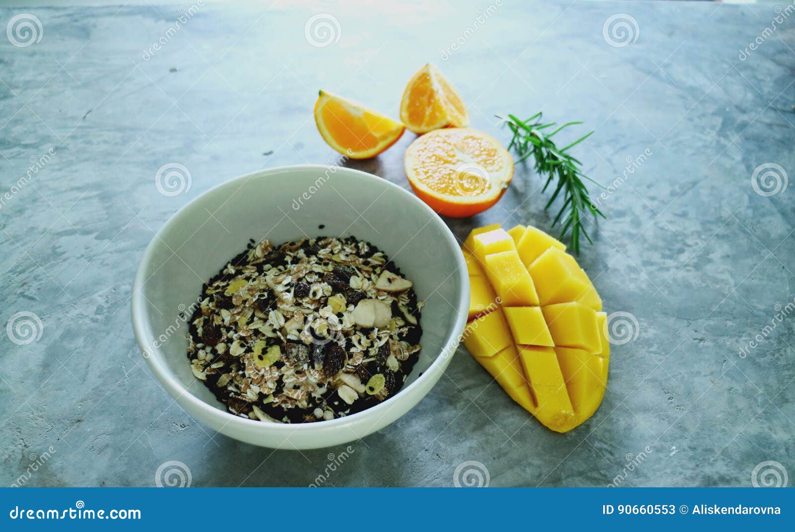 Muesli, Sesame, Mango and Orange, and Rosemary Stock Image - Image of ...