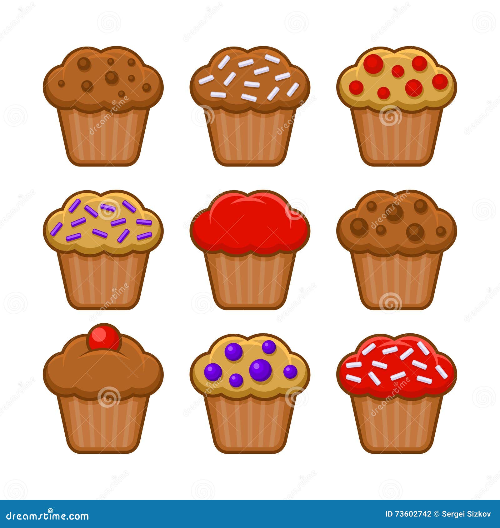 Muffin Icon Set Blueberry Chocolate And Cherry Cupcake Stock Vector