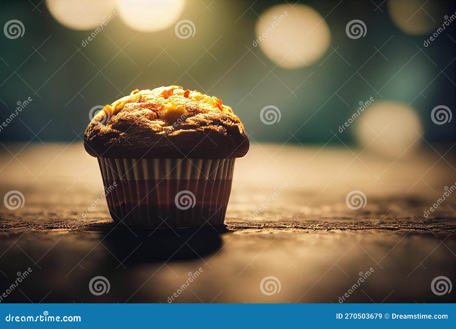 A Muffin Sitting on a Table with a Blurry Background of Lights in the ...