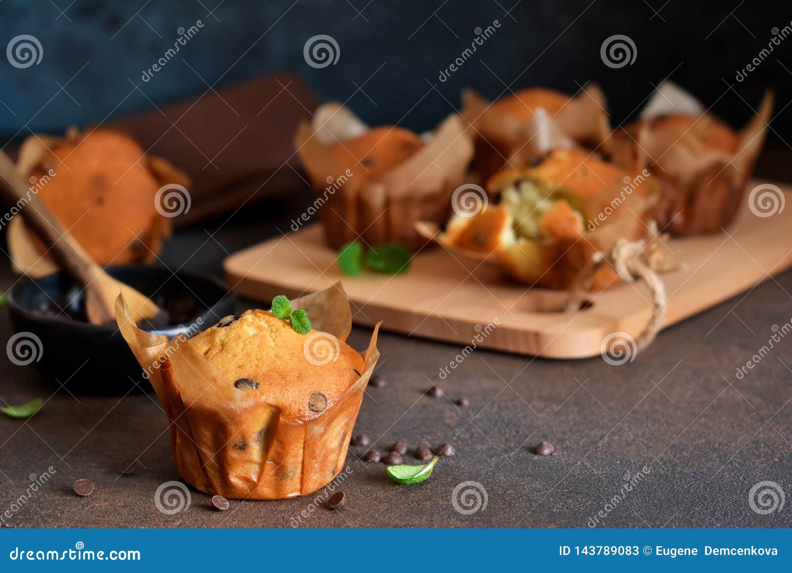 Muffins with Chocolate Chunks on the Kitchen Table with Space for Text ...