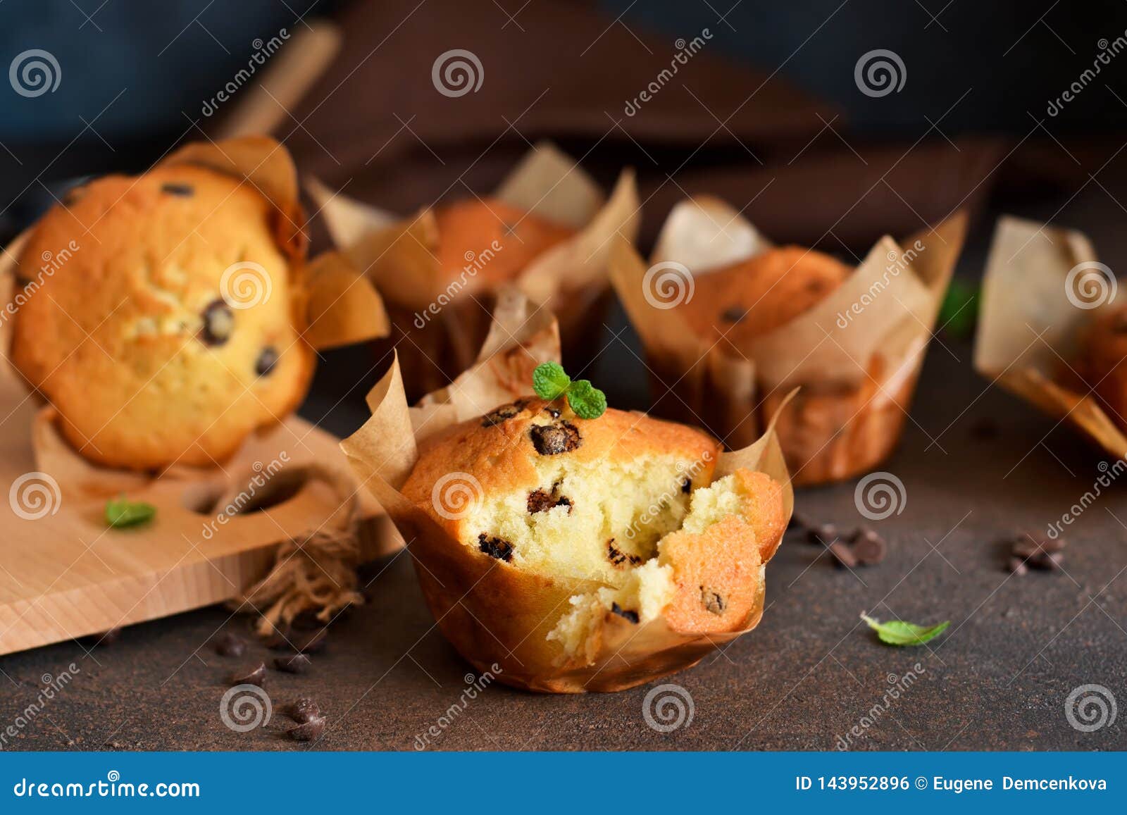 Muffins with Chocolate Chunks on the Kitchen Table with Space for Text ...