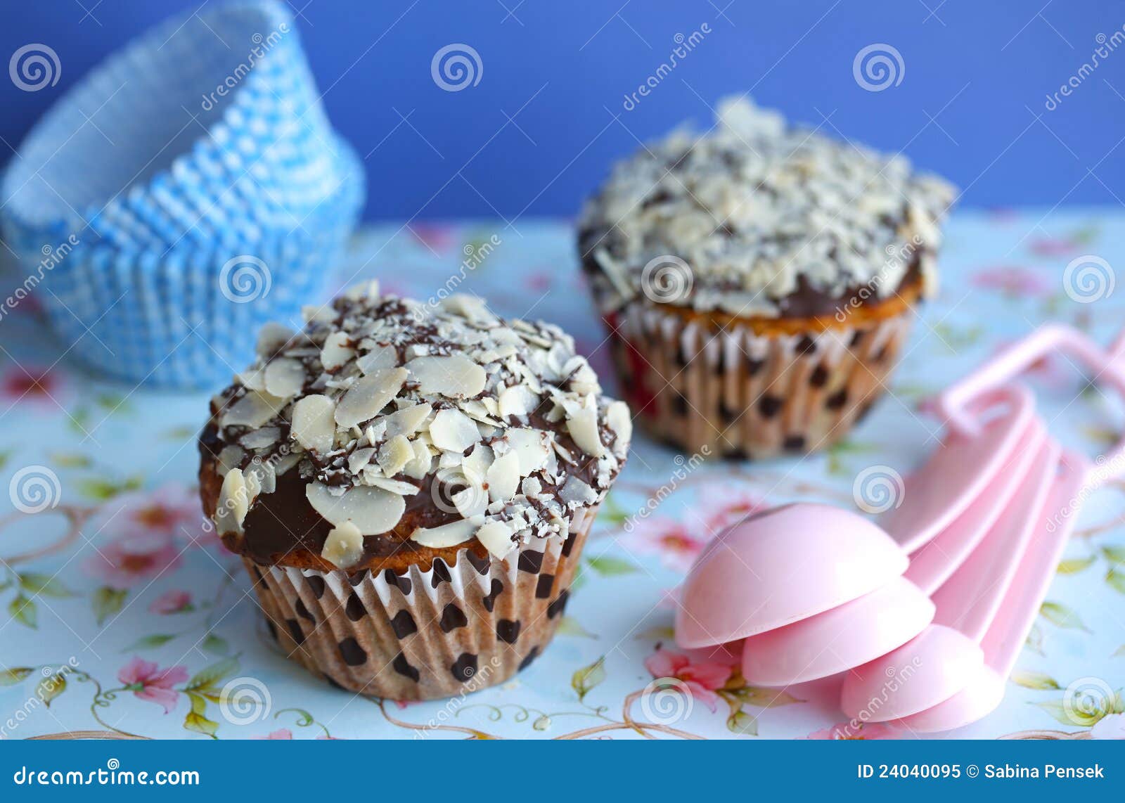 Muffins or Cupcakes Topped with Chocolate and Almo Stock Image - Image ...
