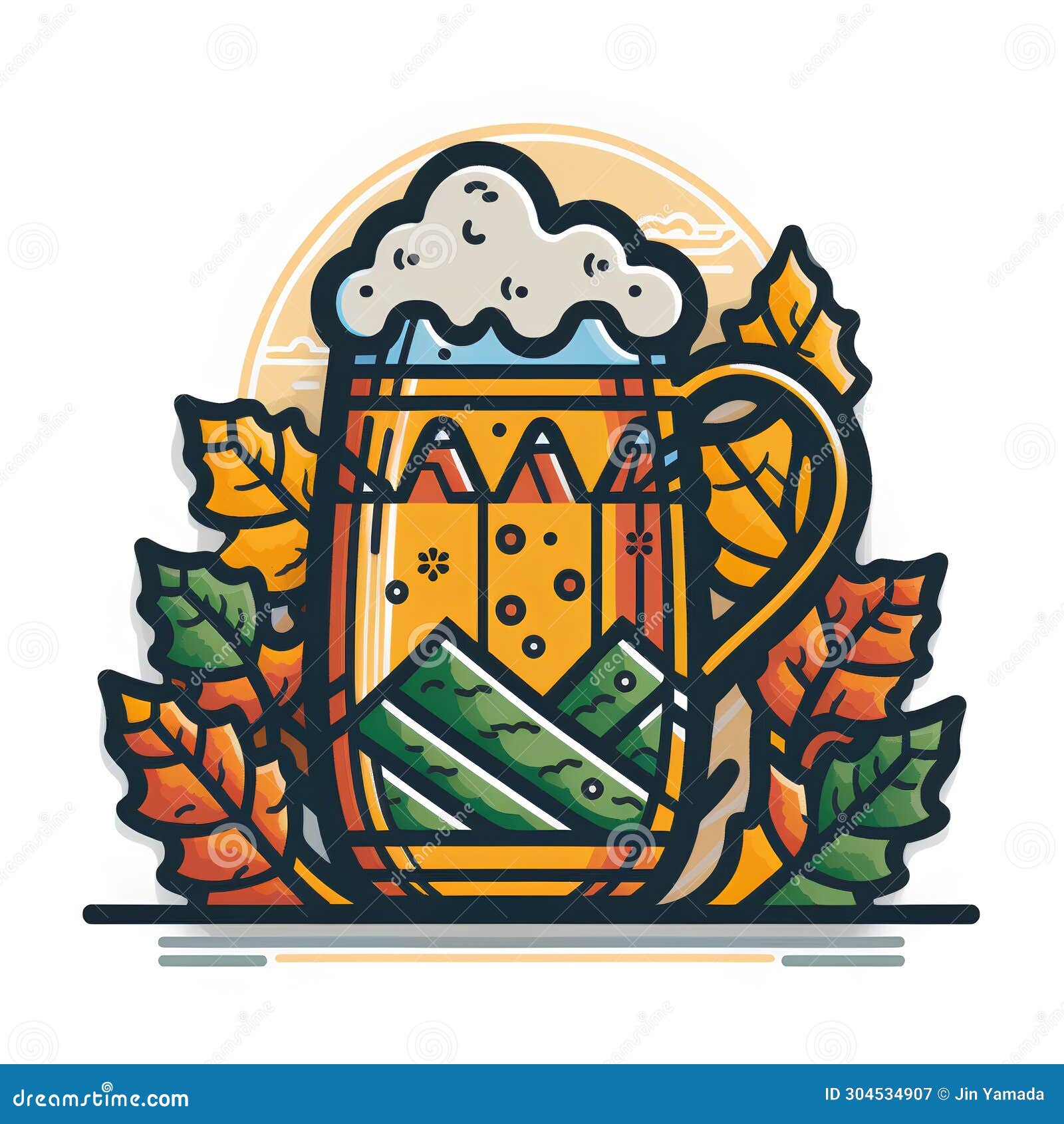 Mug of Beer with Autumn Leaves. Vector Illustration in Linear Style ...