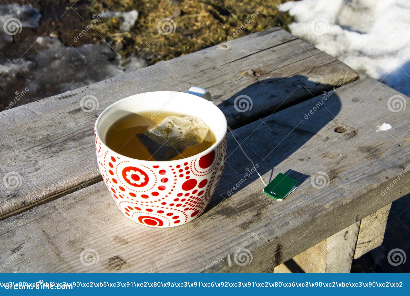 A mug of tea on the bench. stock photo. Image of chopped - 215425278