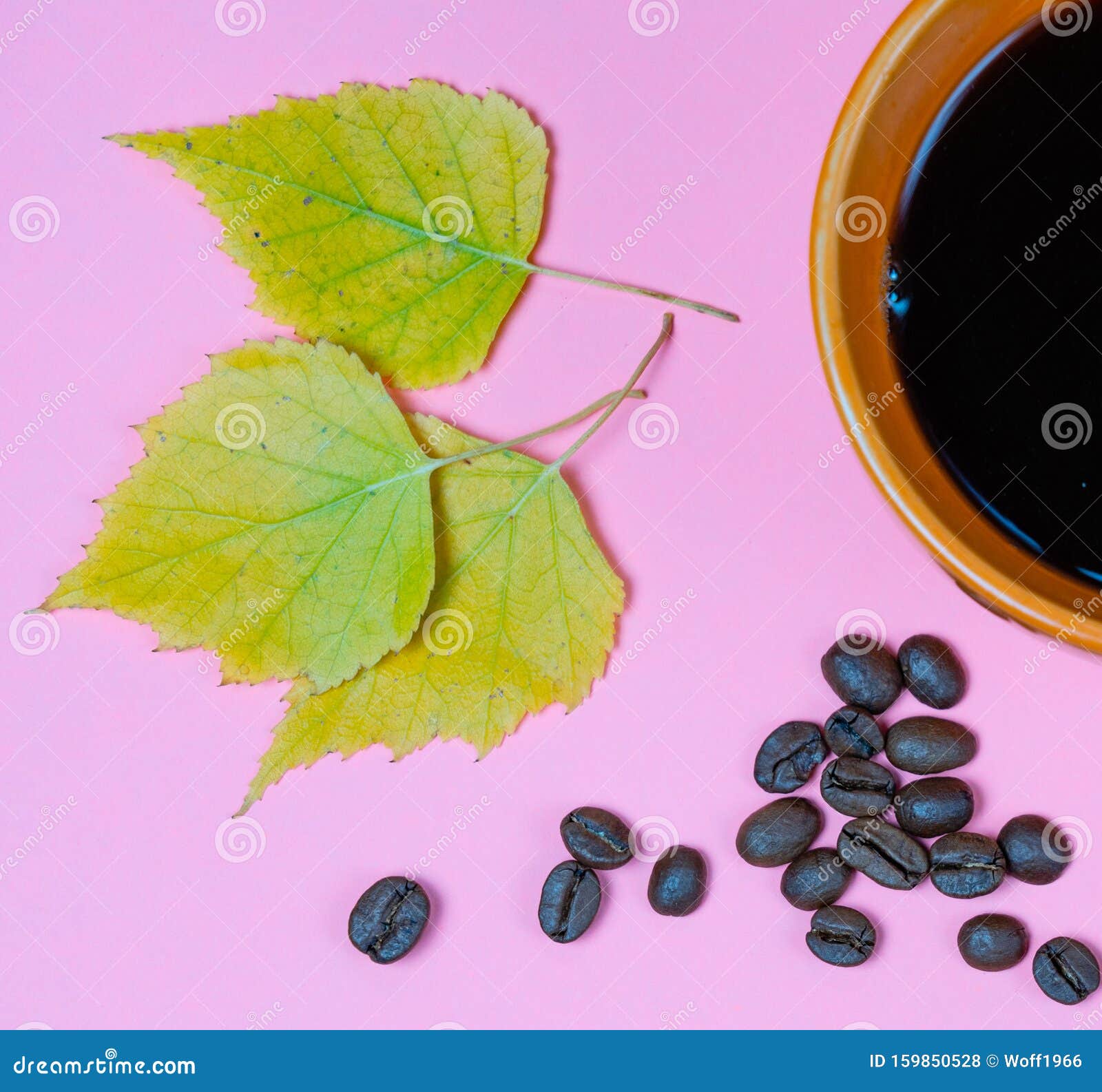 A Mug of Hot Black Coffee, Dry Fallen Leaves, Coffee Beans on a Colored ...