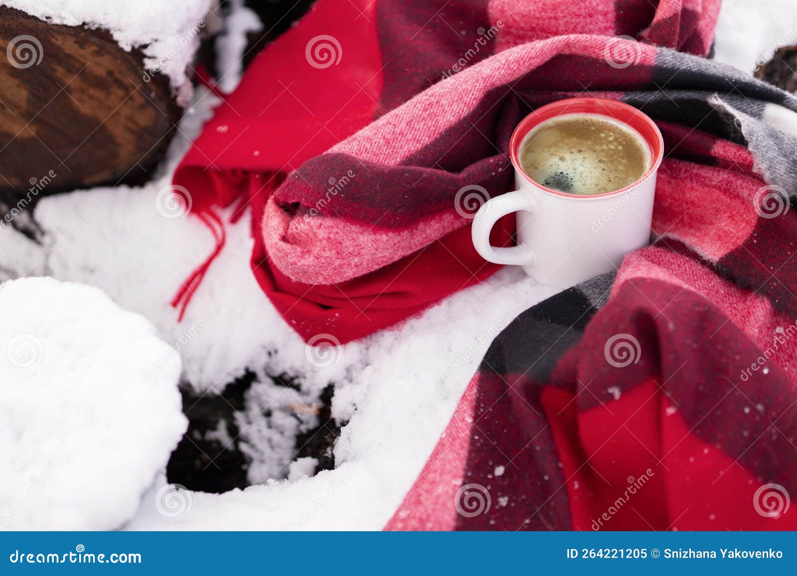 A Mug of Hot Coffee Wrapped in a Warm Checkered Scarf on Snow-covered ...
