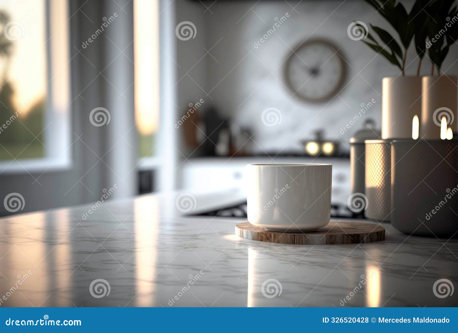 Mug on Uncluttered White Marble Countertop and Defocused View of a ...
