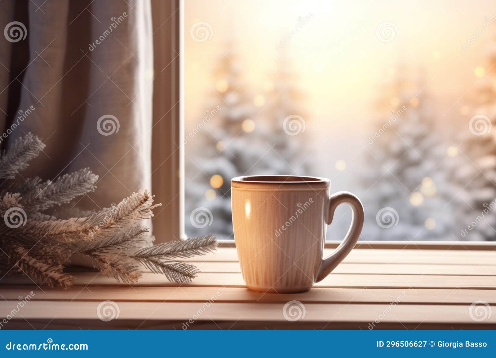 Mug on Wood, Window View of Winter Landscape, Tree Branch, Background ...