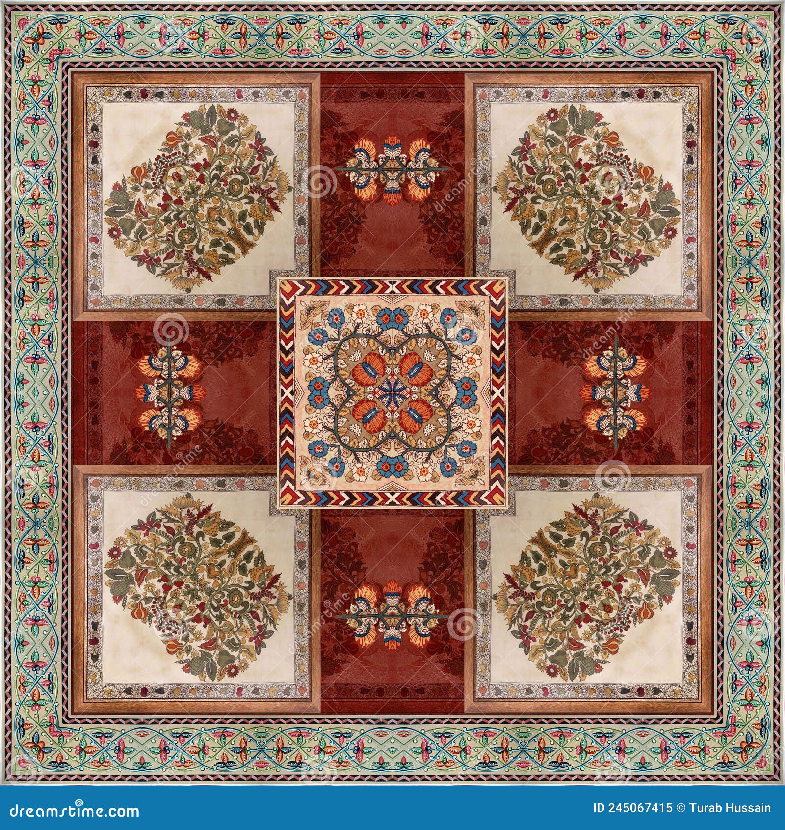 Mughal Floral Corner Border and Motifs Textile Stock Illustration ...