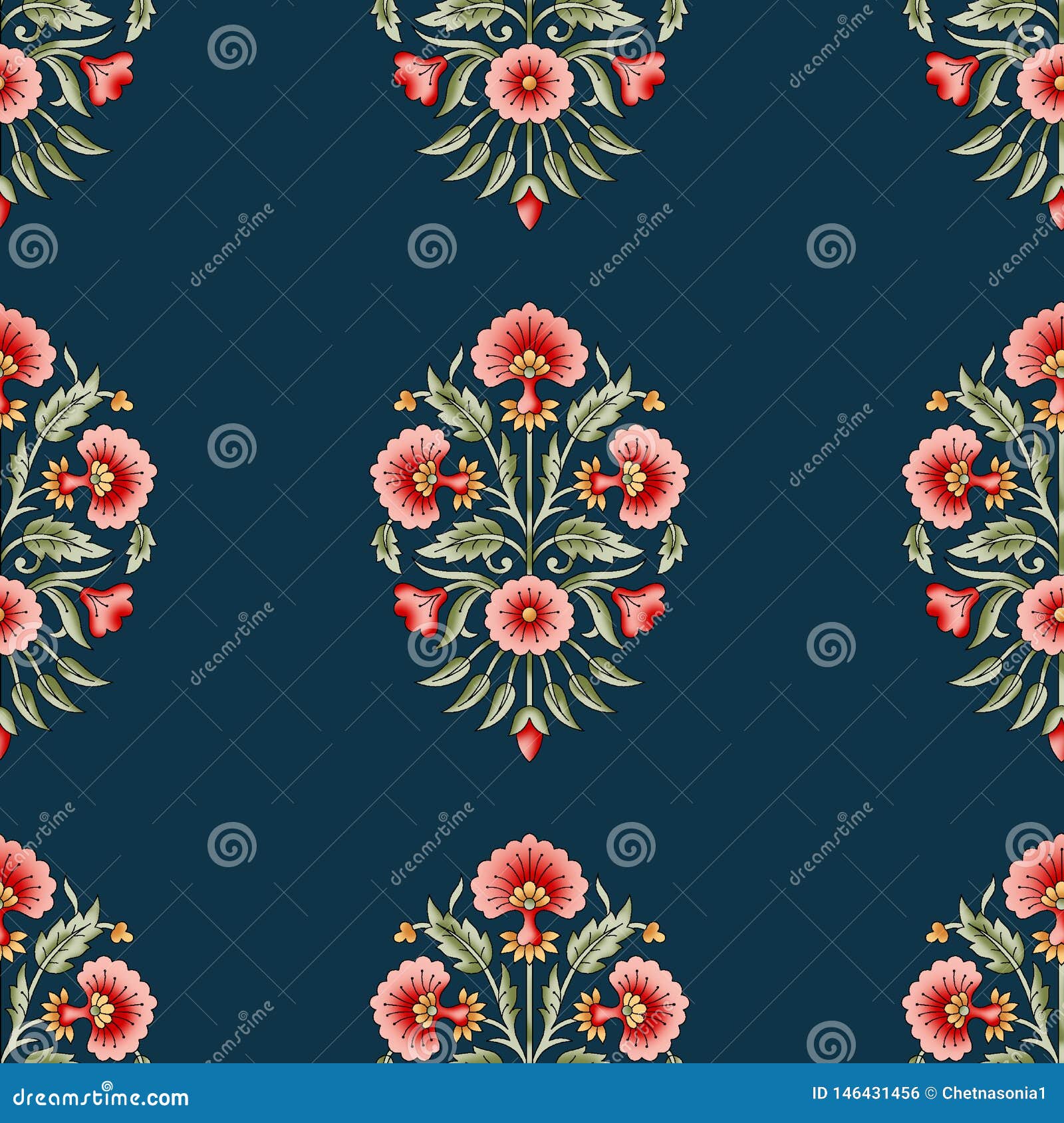 Mughal Flower Pattern with Blue Background Stock Illustration ...