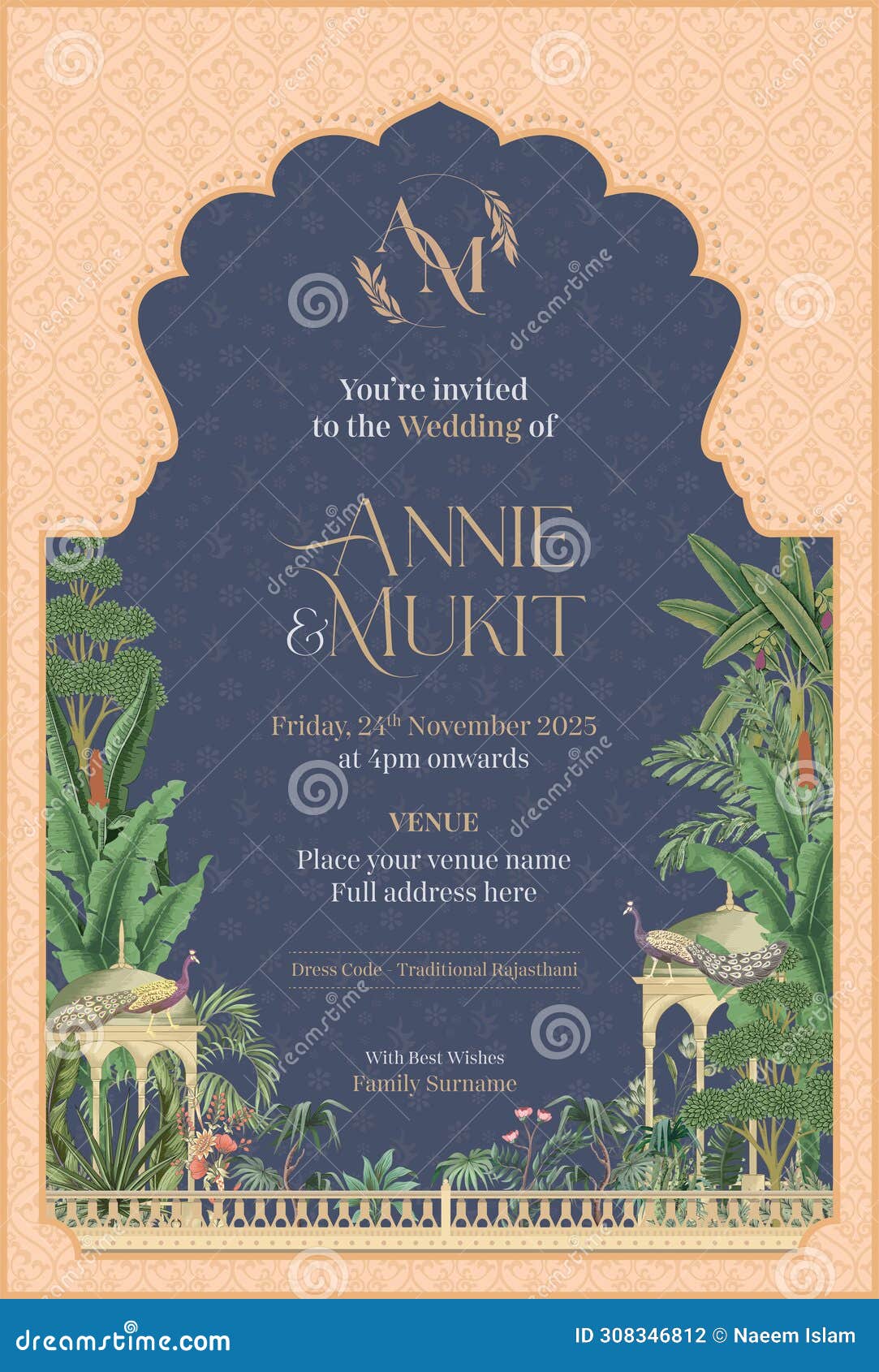 Mughal Arch Wedding Invitation Card Design. Vector Illustration ...