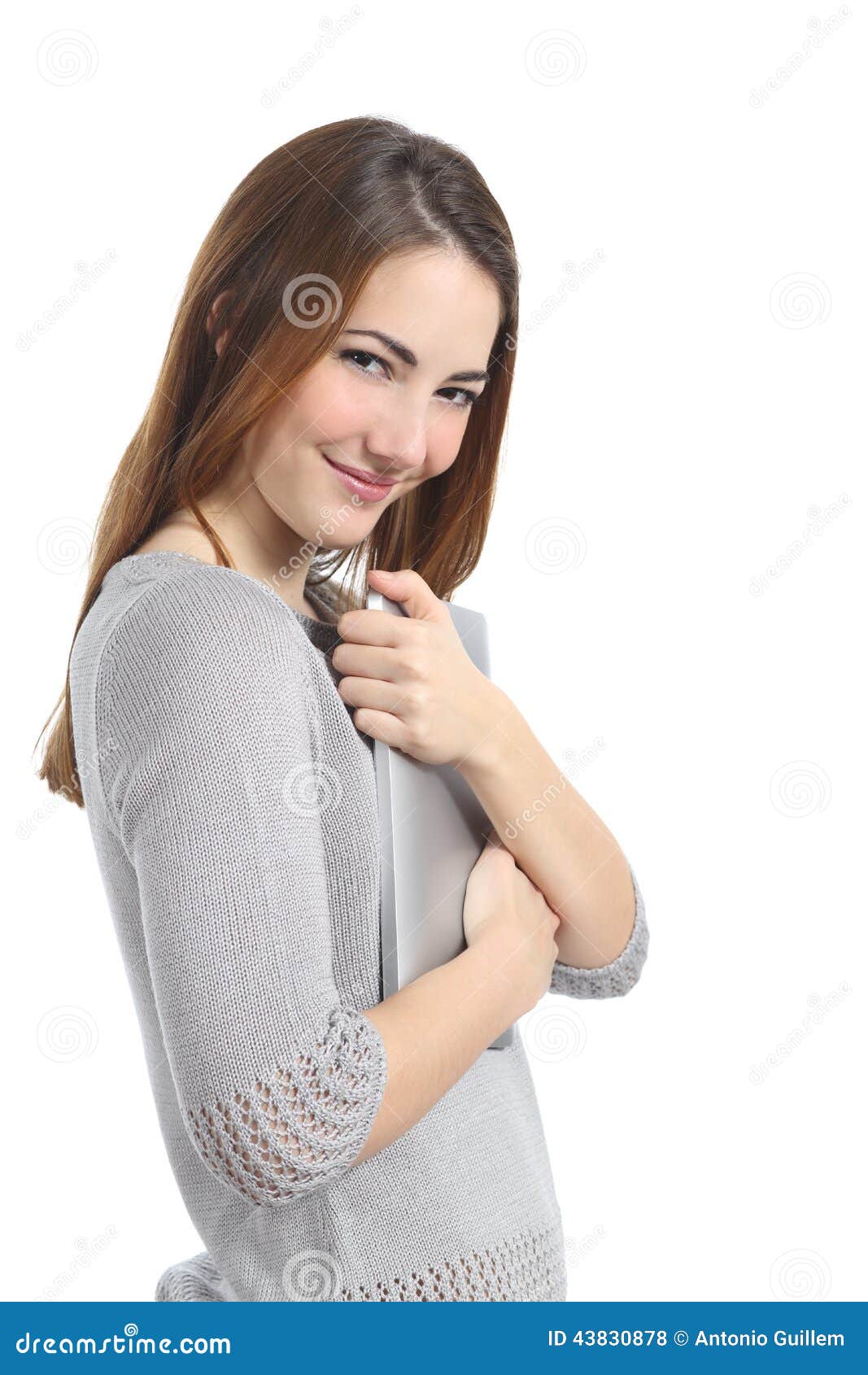 Mujer Bastante Posesiva Que Abraza Una Tableta Foto de archivo - Imagen ...