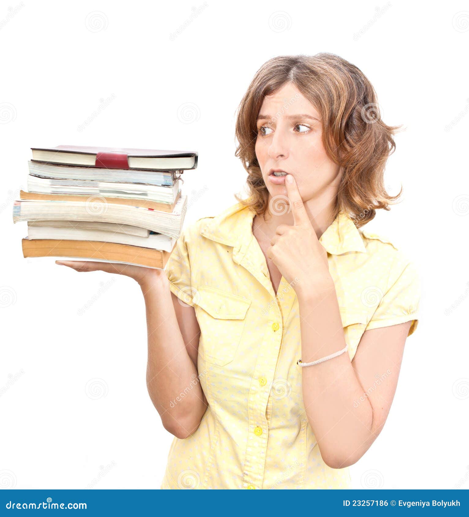 Mujer Con Pegado De Libros Sobre Blanco Foto de archivo - Imagen de ...