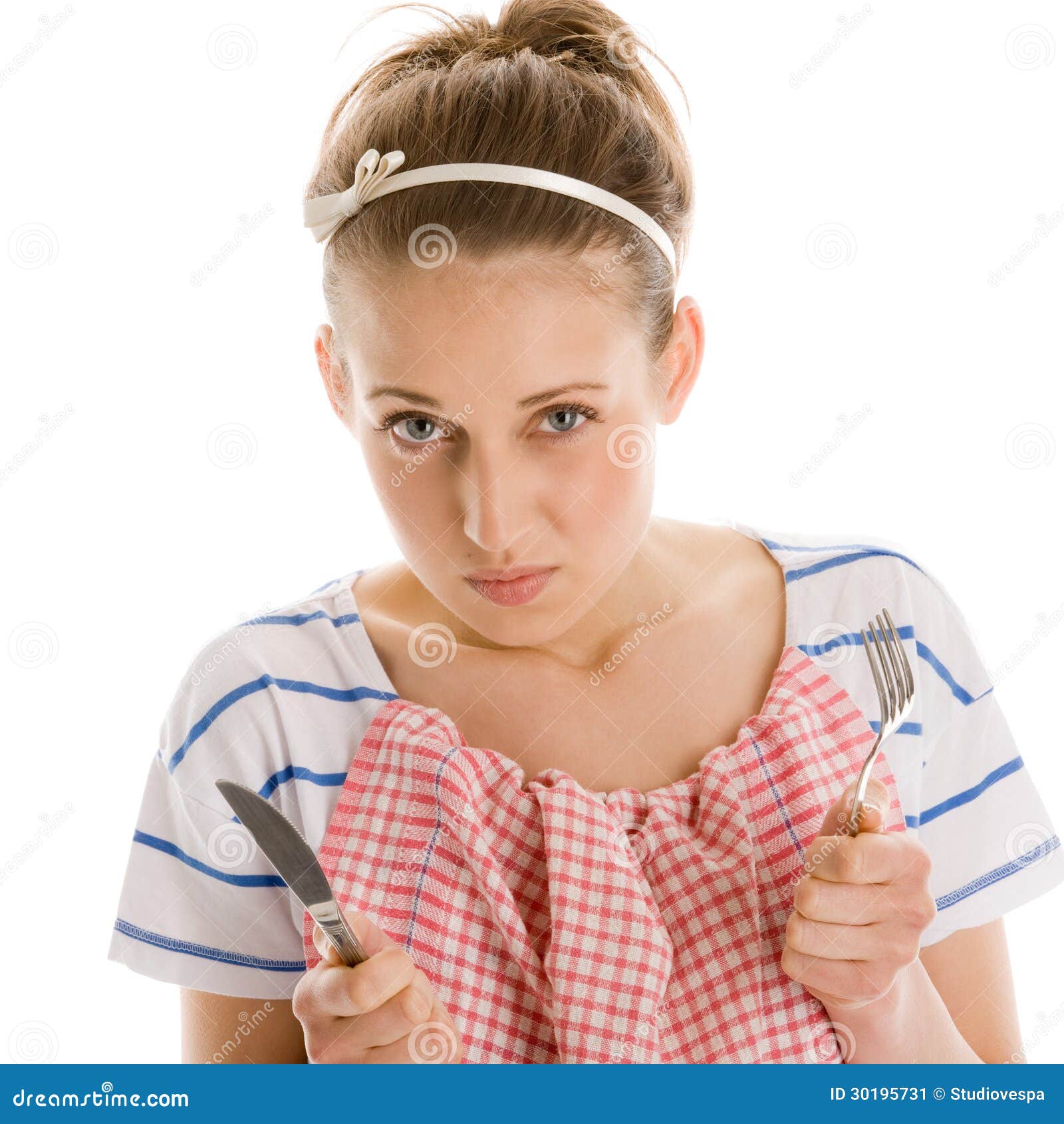 Mujer Hambrienta Con El Cuchillo Y La Bifurcación Imagen de archivo ...