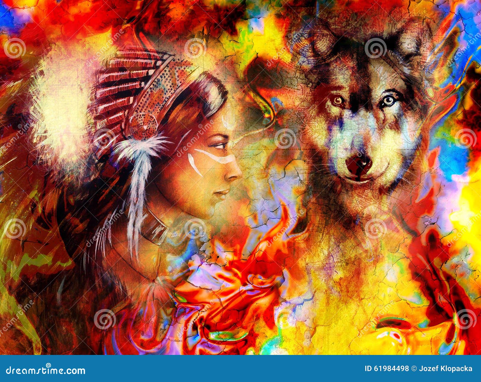 Mujer India Joven Que Lleva Con El Lobo Y Stock de ilustración ...
