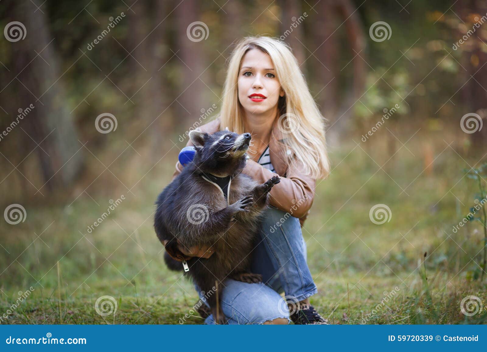 Mujer Joven Atractiva Con El Mapache Imagen de archivo - Imagen de ...