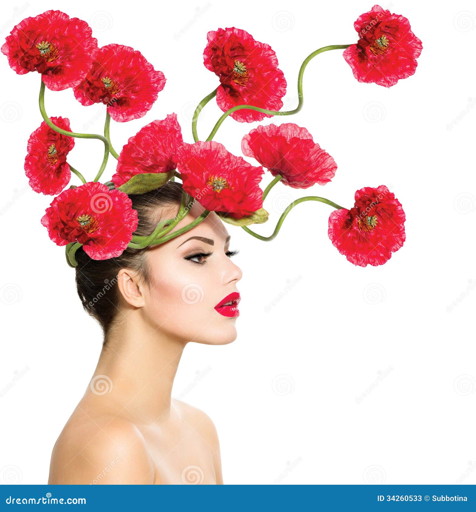Mulher Com Poppy Flowers Vermelha Imagem de Stock - Imagem de olho ...