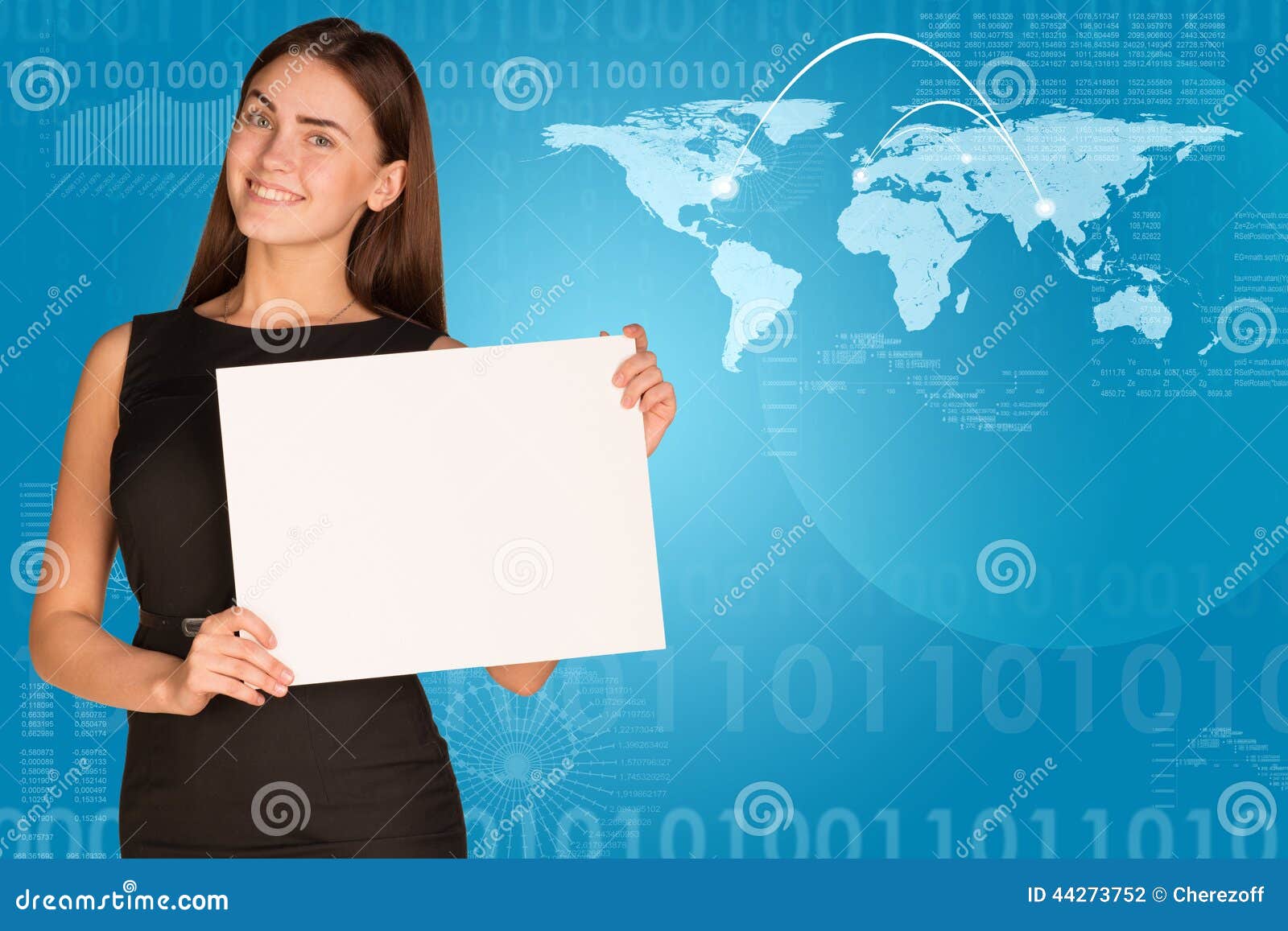 Mulher De Negócios Com Mapa Do Mundo, Linhas E Figuras Foto de Stock ...