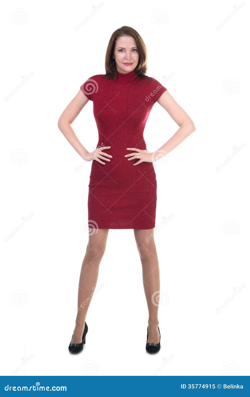 Mulher Em Pouco Vestido Vermelho No Fundo Branco Imagem De Stock