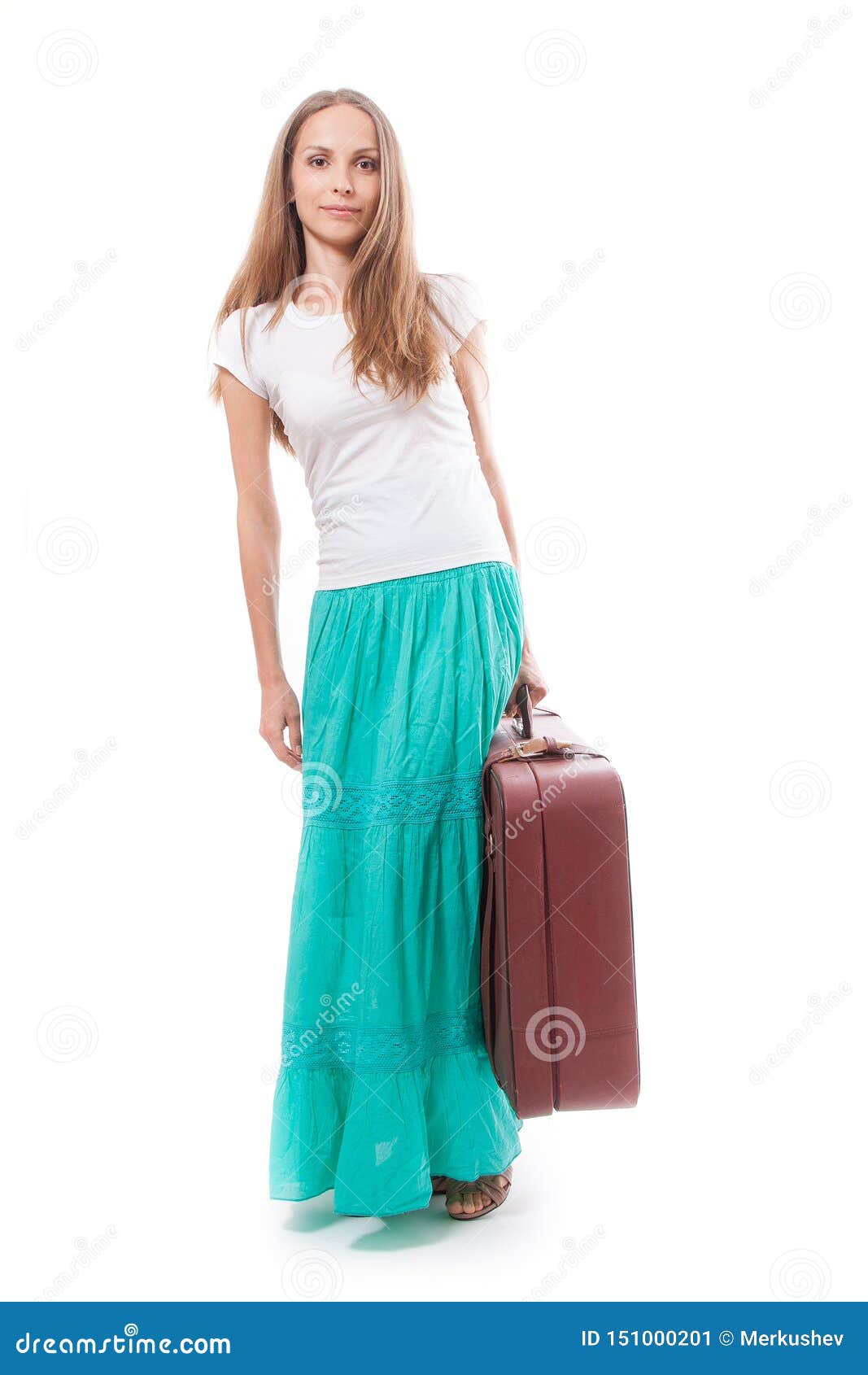 Mulher Que Vai Com a Mala De Viagem Pesada, Isolada No Branco Imagem de ...