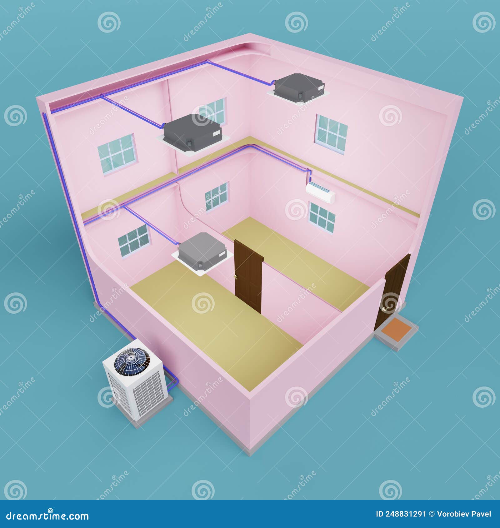 Multi Air Conditioning System Different Indoor Units Pink Building 3d ...