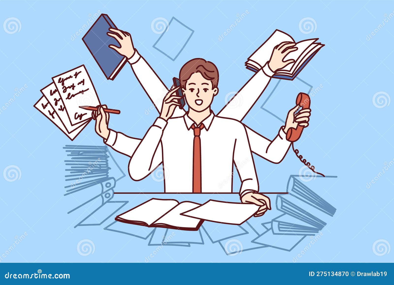 Multi-armed Man Multitasking with Documents and Talking on Phone ...