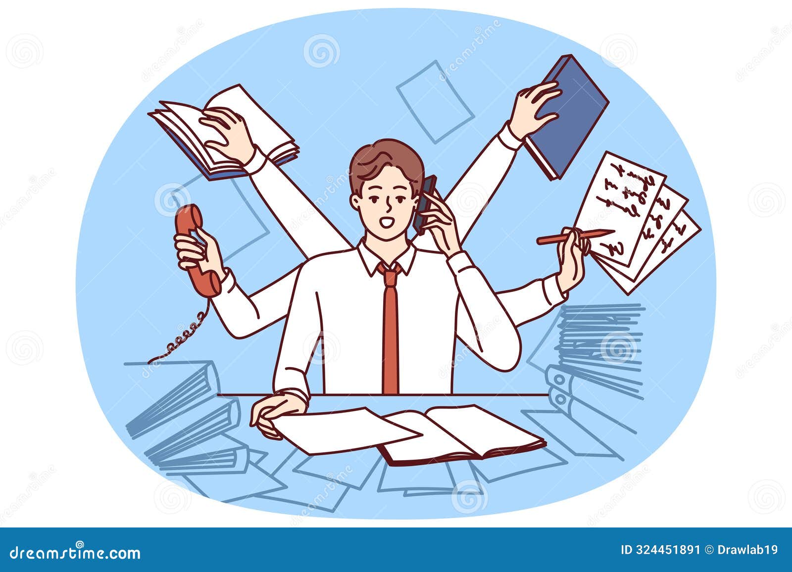 Multi-armed Man Multitasking with Documents and Talking on Phone ...