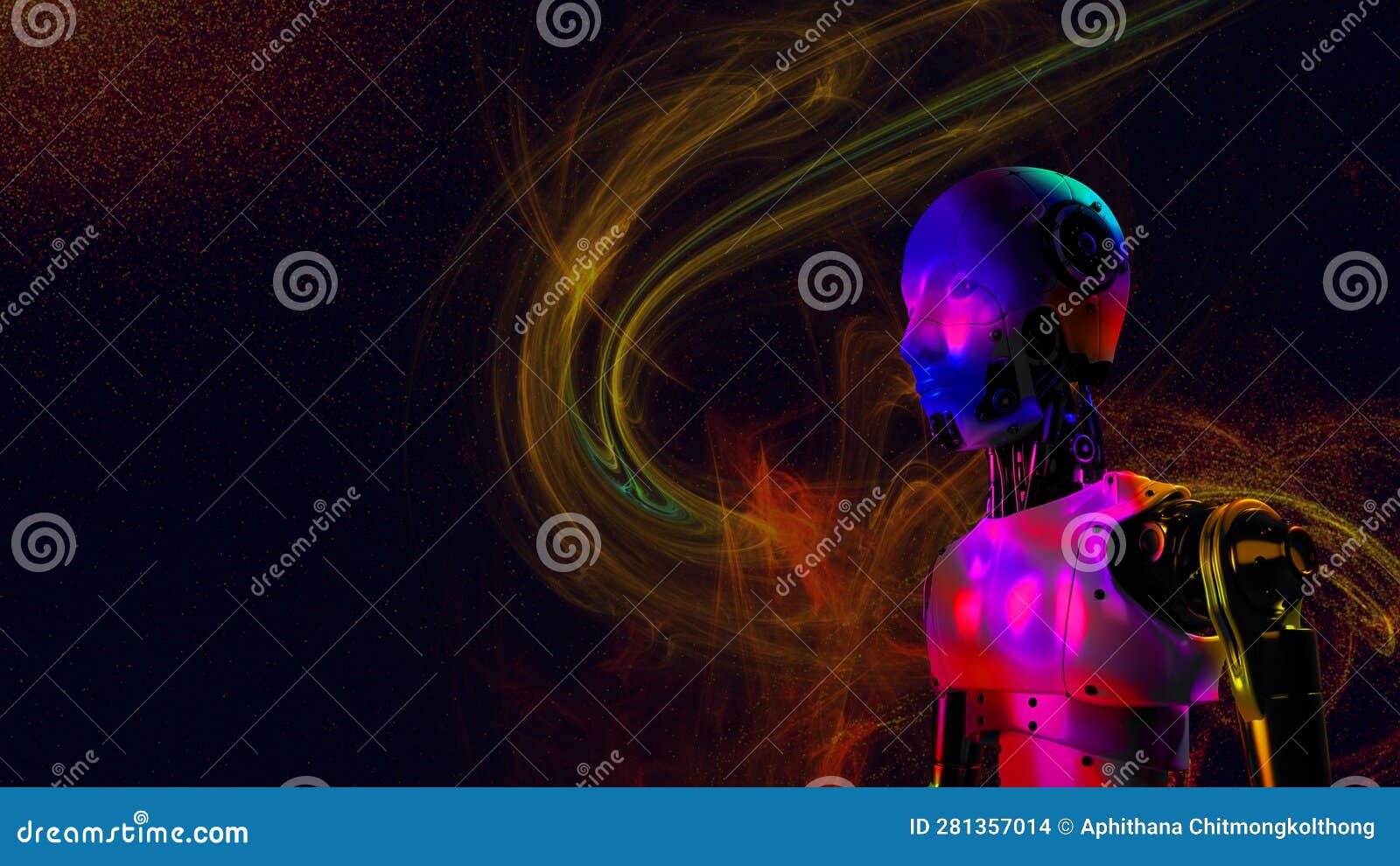 Multi Color 3D Robotic on Glow Light Nebula Space Background ...