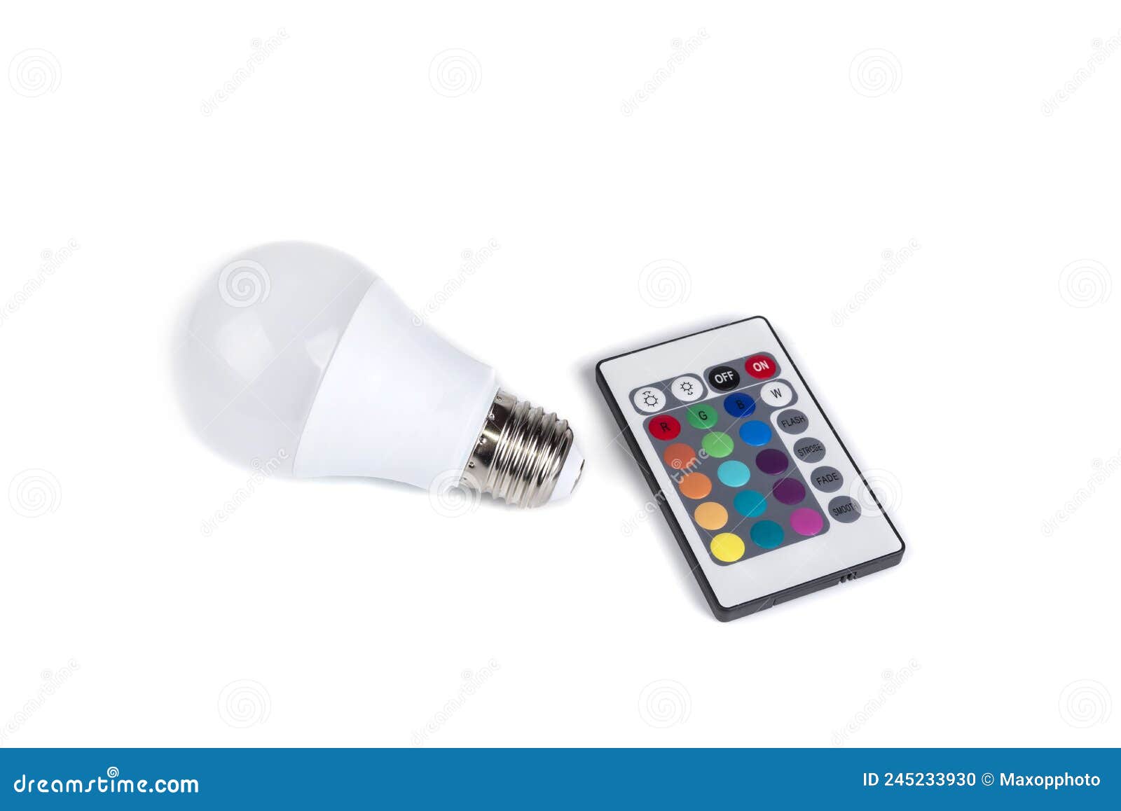 Multi Color Led Bulb with a Remote Control on a White Background Stock ...