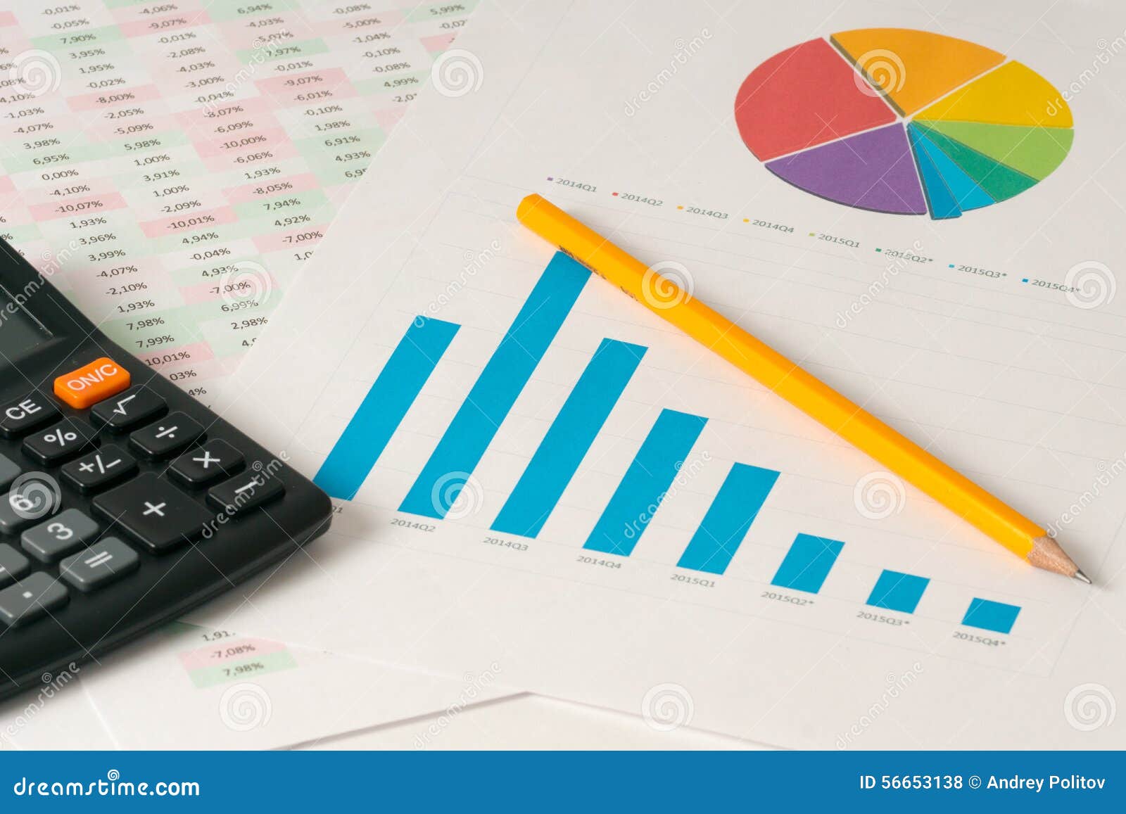 Multi Color Pie and Bar Charts with Calculator Stock Photo - Image of ...
