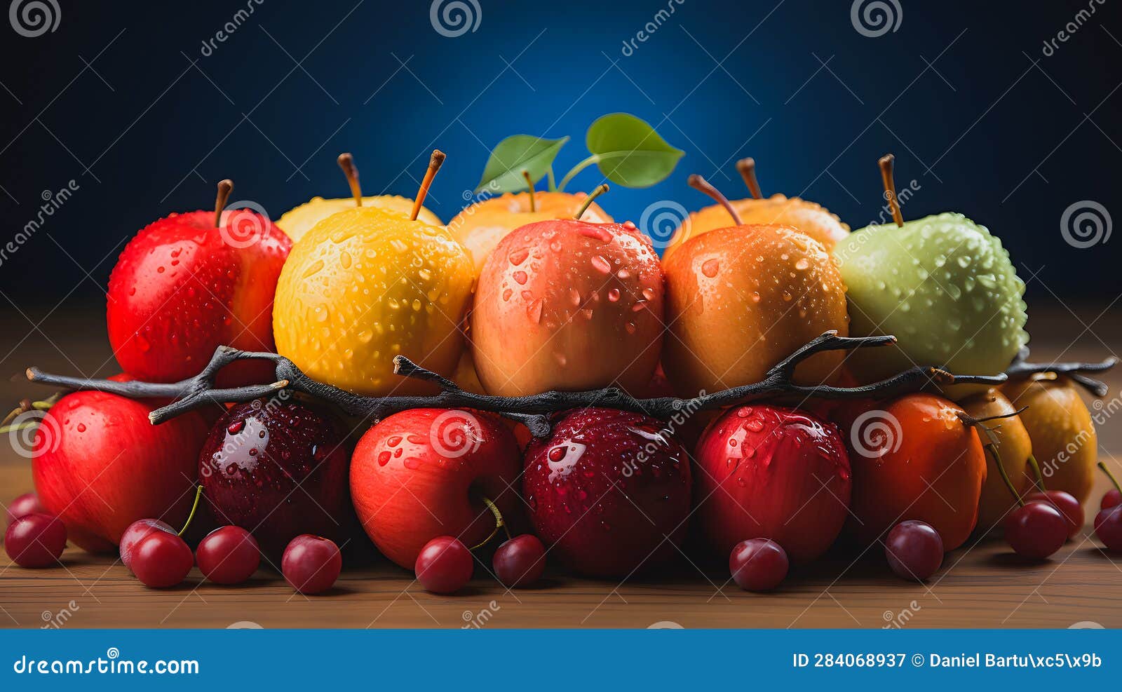 Multi-colored Apples with Drops of Water on the Skin, Arranged on the ...