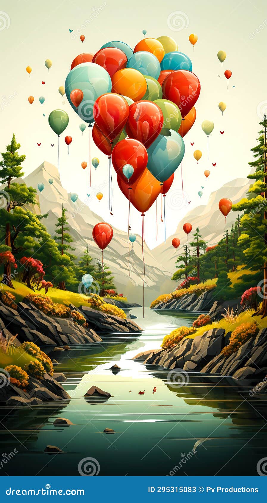 Multi-colored Balloons Against the Backdrop of a Mountain Landscape ...