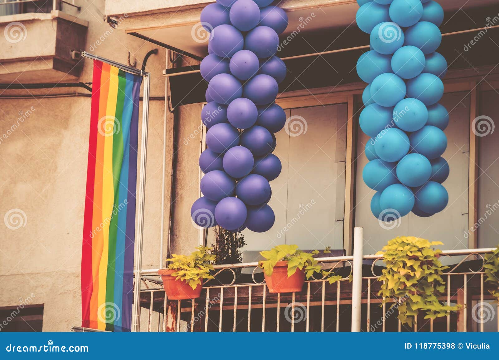 Multi Colored Balloons Hang on the Balcony in Tel Aviv, Israel. Stock ...