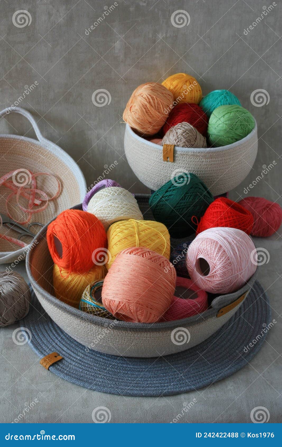 Multi-colored Balls of Thread in a Basket Stock Photo - Image of knit ...