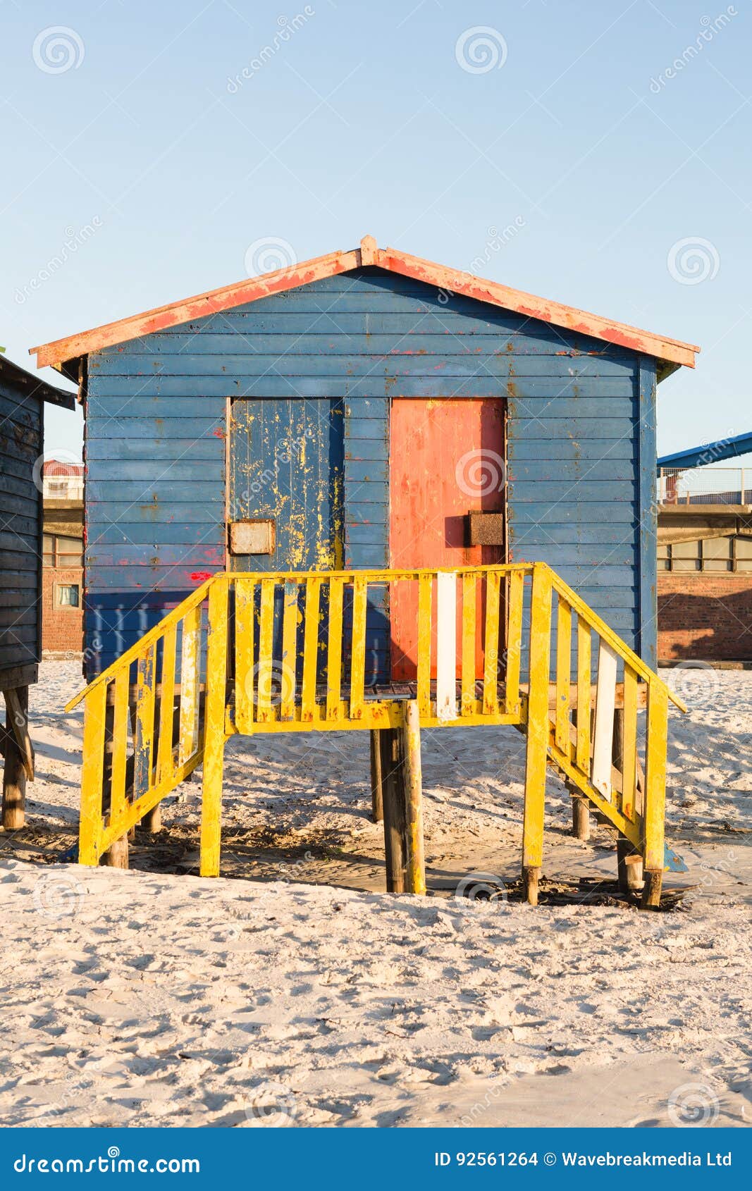 Multi Colored Beach Hut on Sand Stock Photo - Image of blue, building ...