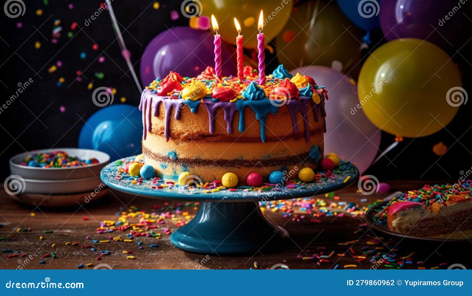Multi Colored Birthday Cake with Candles, Confetti, and Sweet Decorations Generated by AI Stock ...