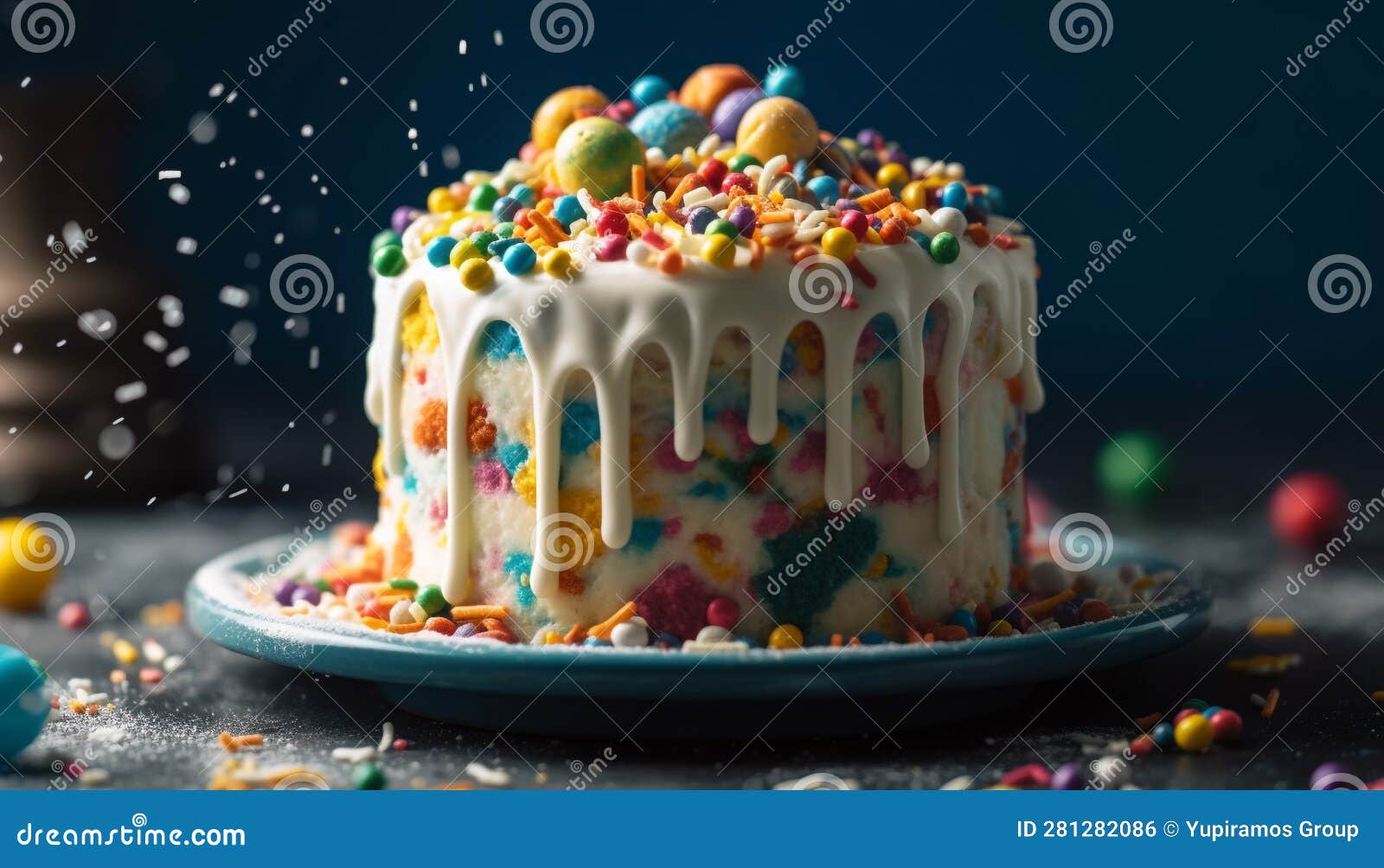 Multi Colored Birthday Cake with Chocolate Icing and Candy Decorations ...