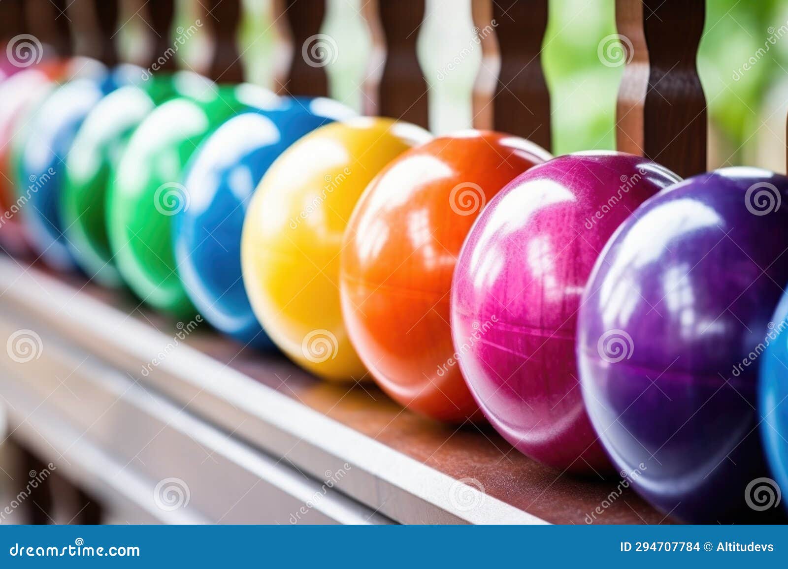 Multi-colored Bowling Balls in a Row at Alley Stock Photo - Image of ...