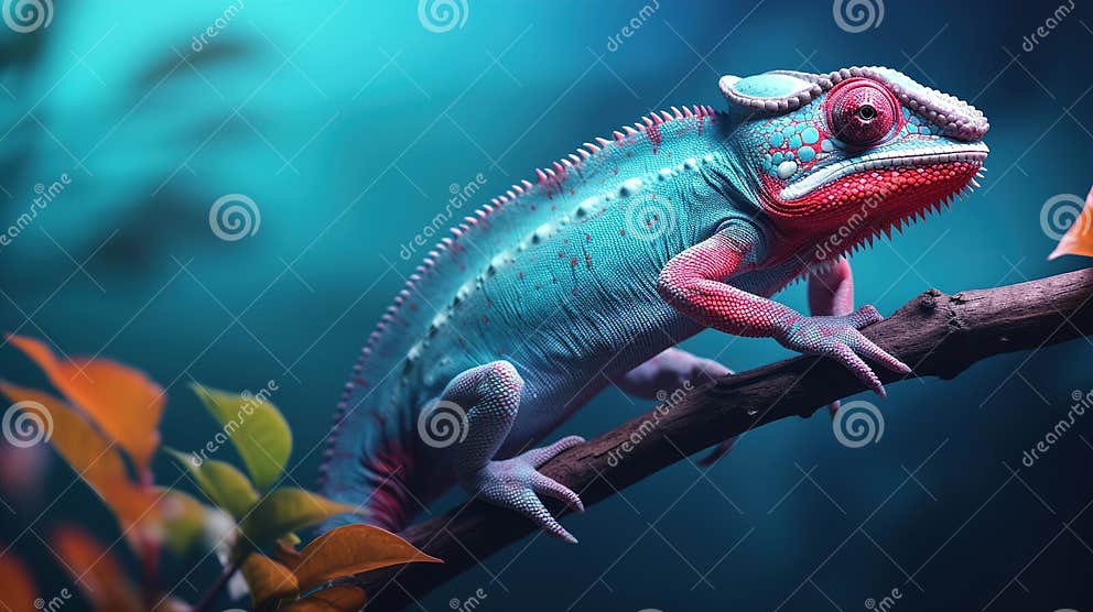 Multi-colored Bright Chameleon on a Branch. Stock Image - Image of ...