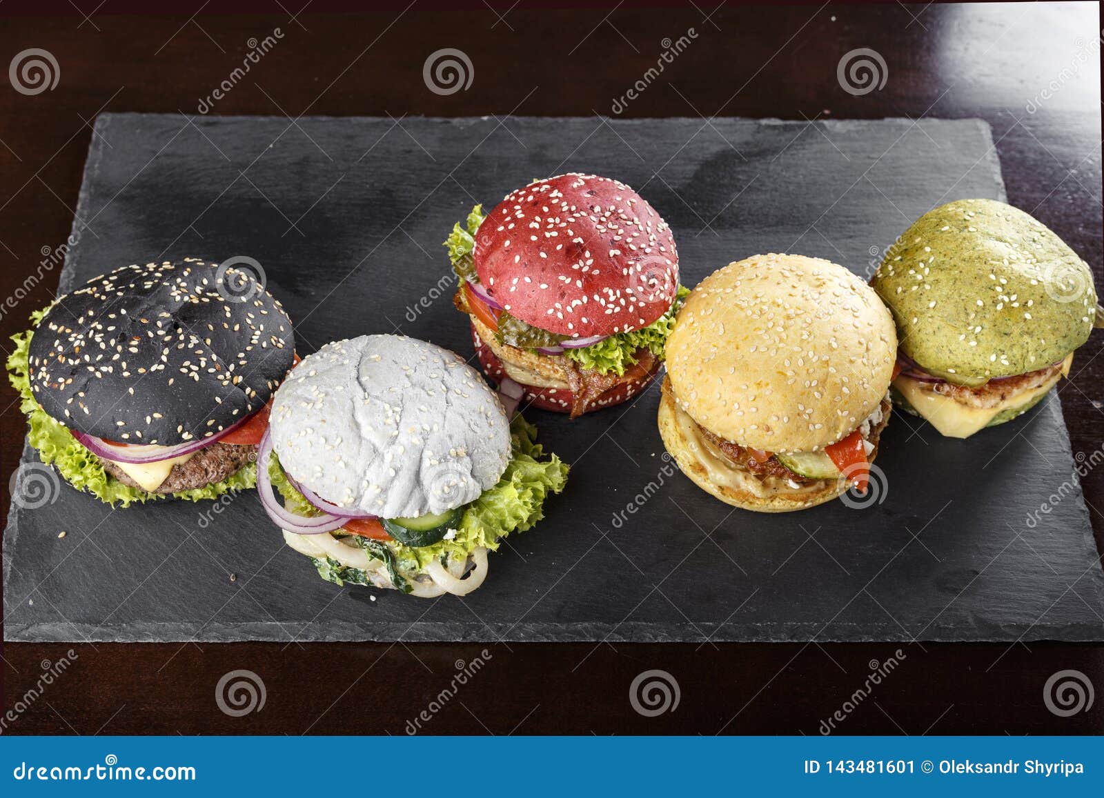 Multi-colored Burgers on the Table Stock Image - Image of classic ...