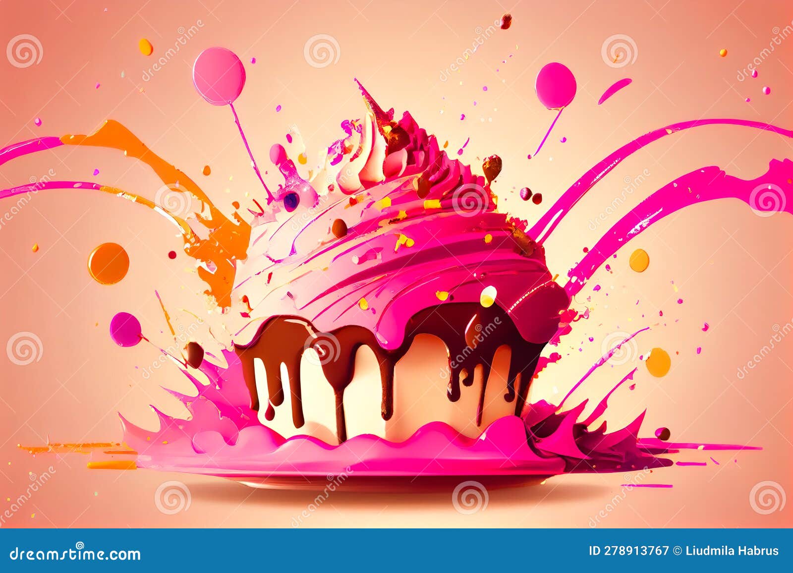 Multi-colored Cake with Pink Splashes of Icing. Generative AI Stock ...