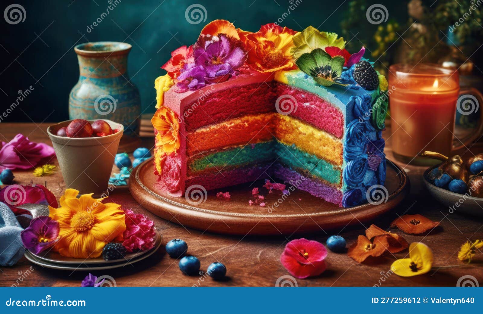 Multi - Colored Cake with Slice Cut Out of it on Plate. Generative AI ...