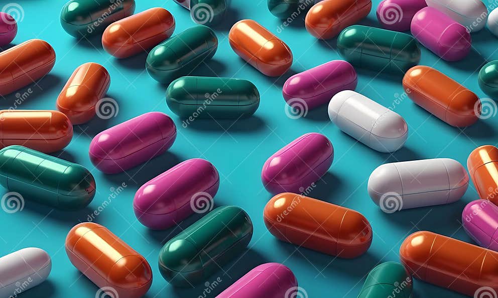 Multi-colored Capsules on a Blue Background. Artificial Intelligence ...