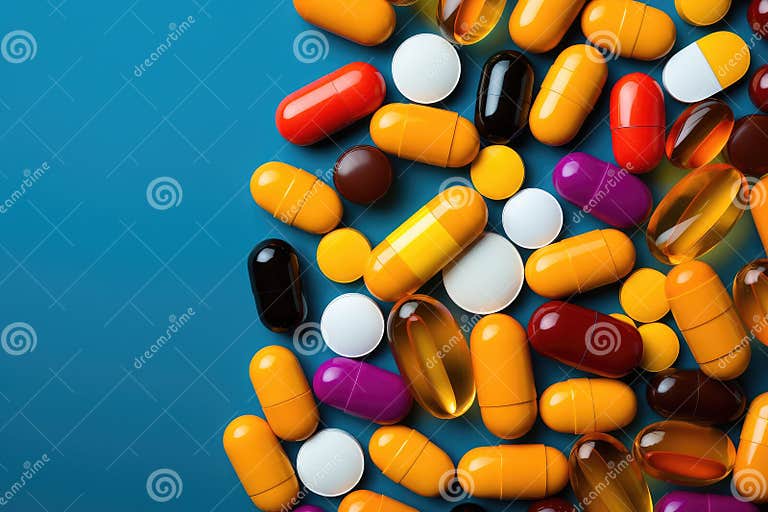 Multi-colored Capsules and Tablets Lie on the Side of a Blue Background ...