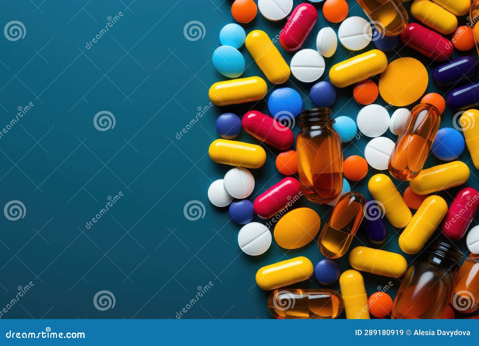Multi-colored Capsules and Tablets Lie on the Side of a Blue Background ...