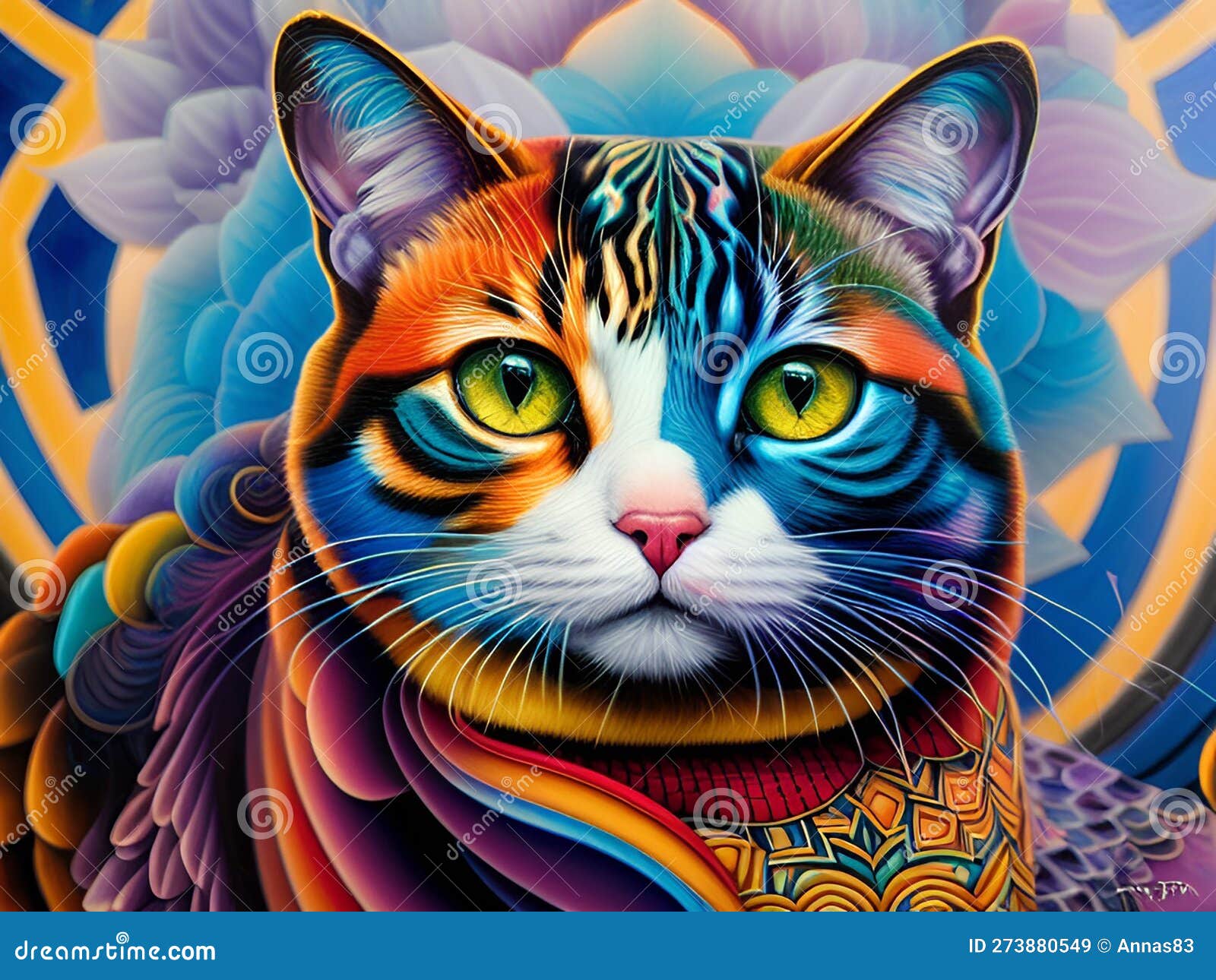 A Multi Colored Cat Face on a Colorful Background Illustration Stock ...