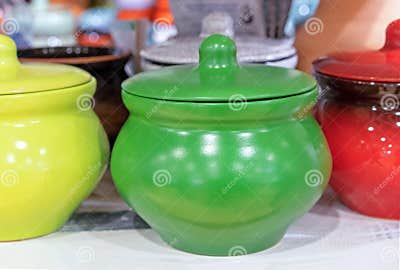 Multi-colored Ceramic Pots with Covers for Cooking Stock Photo - Image ...