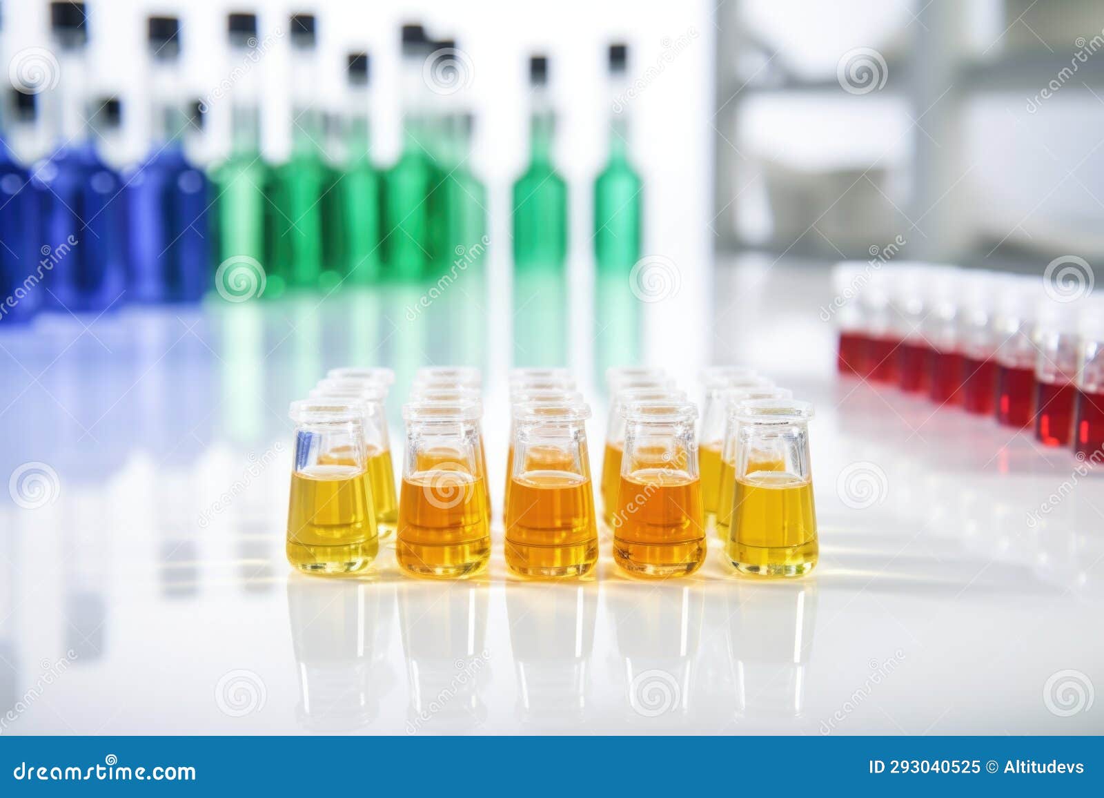 Multi-colored Chemistry Vials Arranged on White Lab Table Stock ...