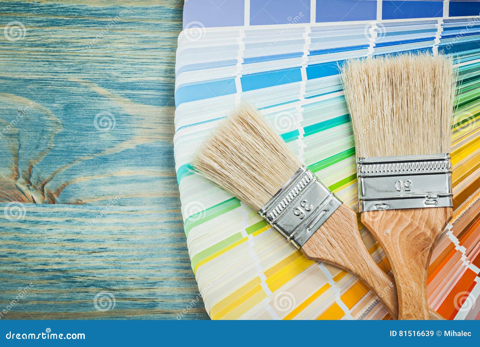 Multi Colored Color Sampler Paint Brushes on Wooden Board Constr Stock ...